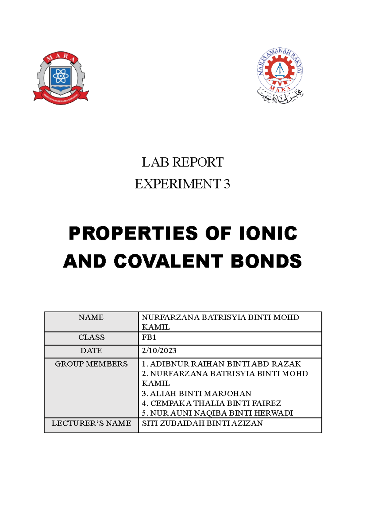 Lab Report: Exp 3 - Properties of Ionic & Covalent Bonds (FB) - Studocu