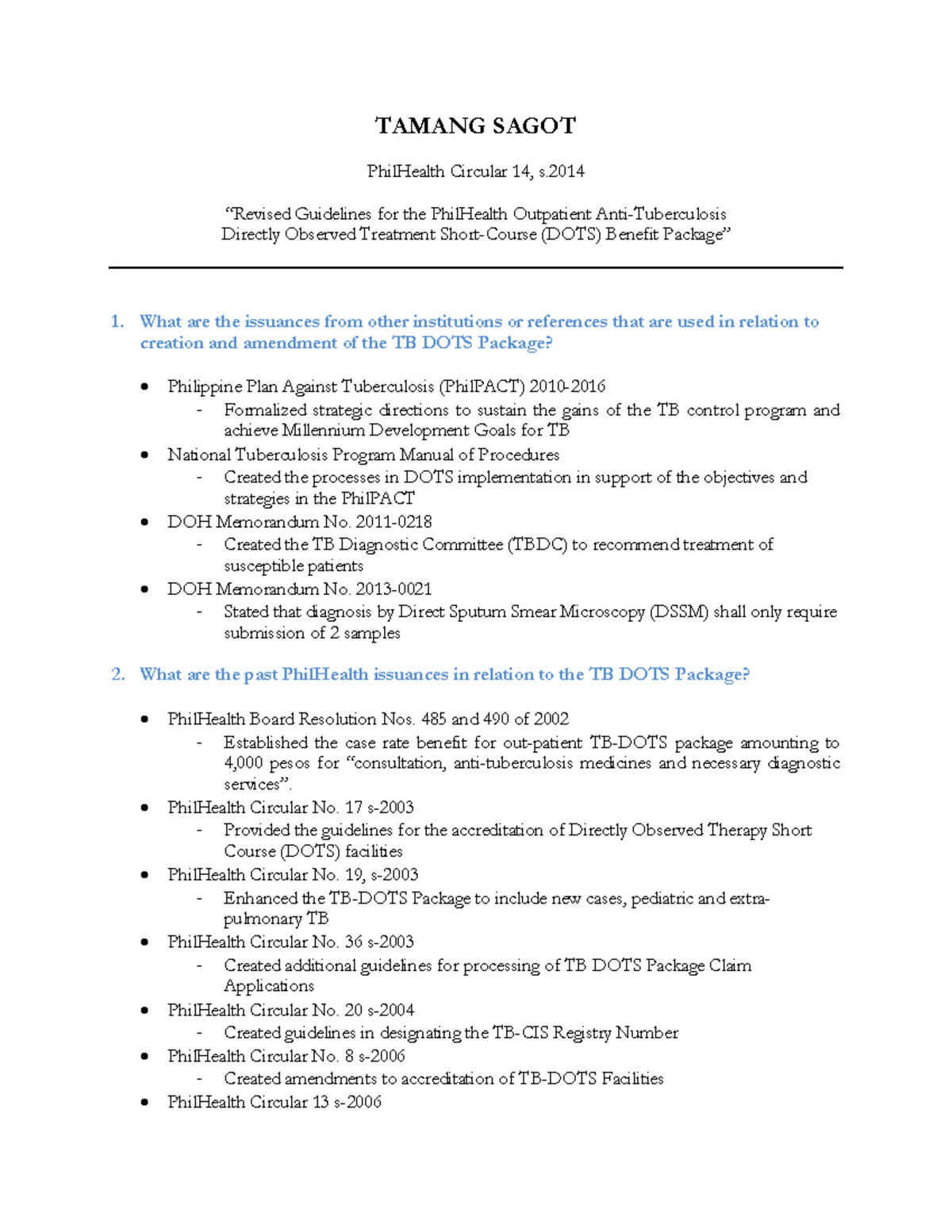Revised Guidelines for PhilHealth TB DOTS Benefit Package (Circular 14 ...
