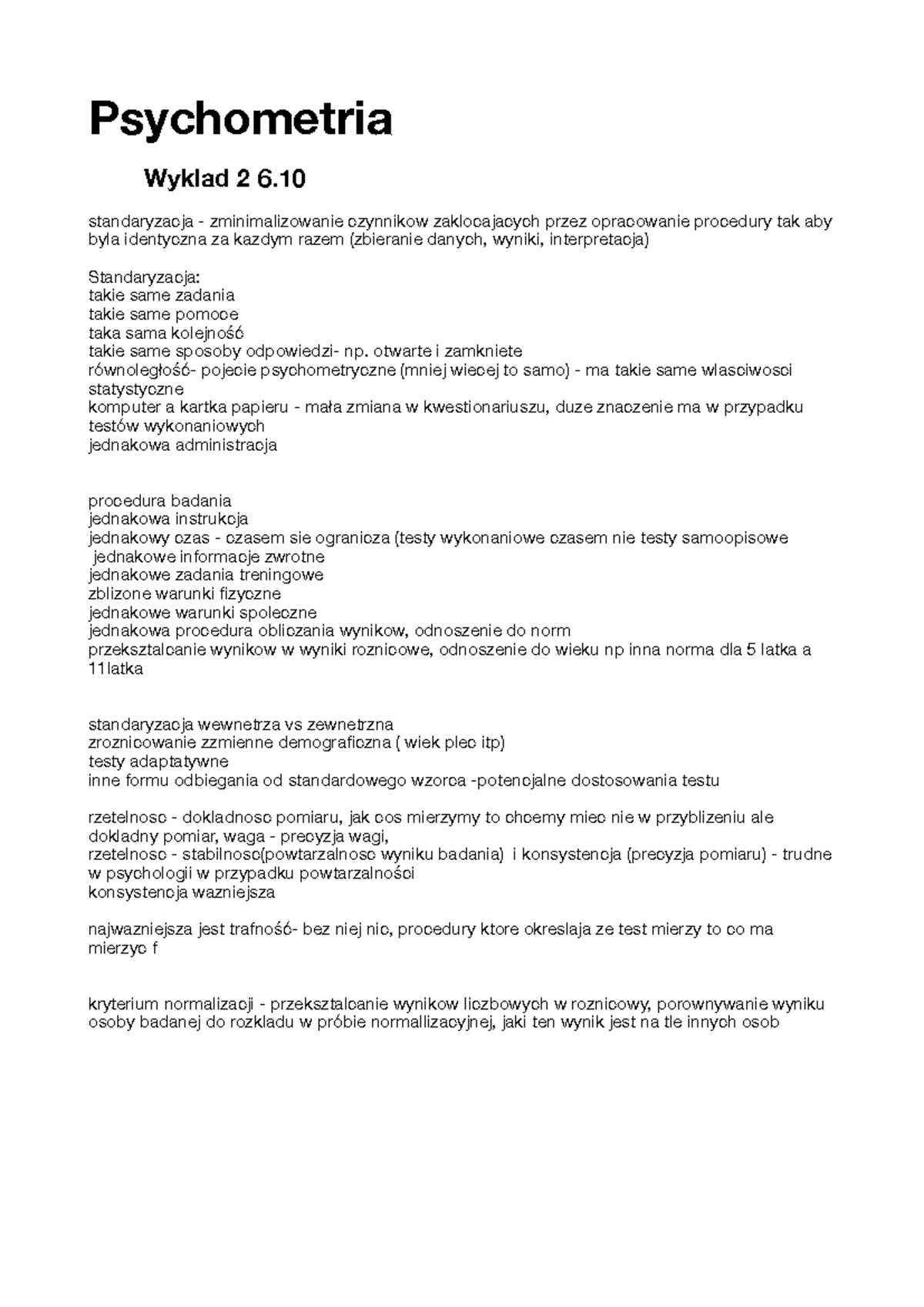 Psychometria - Wykład 2: Standaryzacja i Procedury Badawcze - Studocu