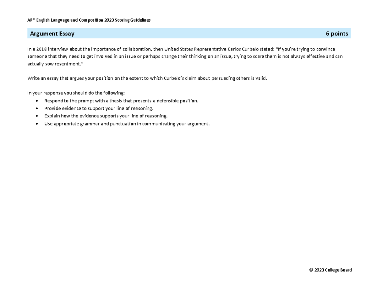 AP® English Lang & Comp 2023 Argumentative Writing Samples & Commentary ...