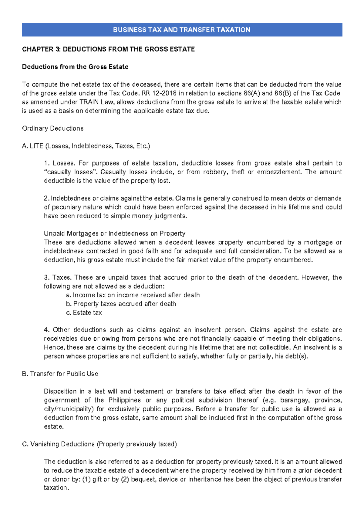 Chapter 3 Deductions from Gross Estate - BUSINESS TAX AND TRANSFER ...