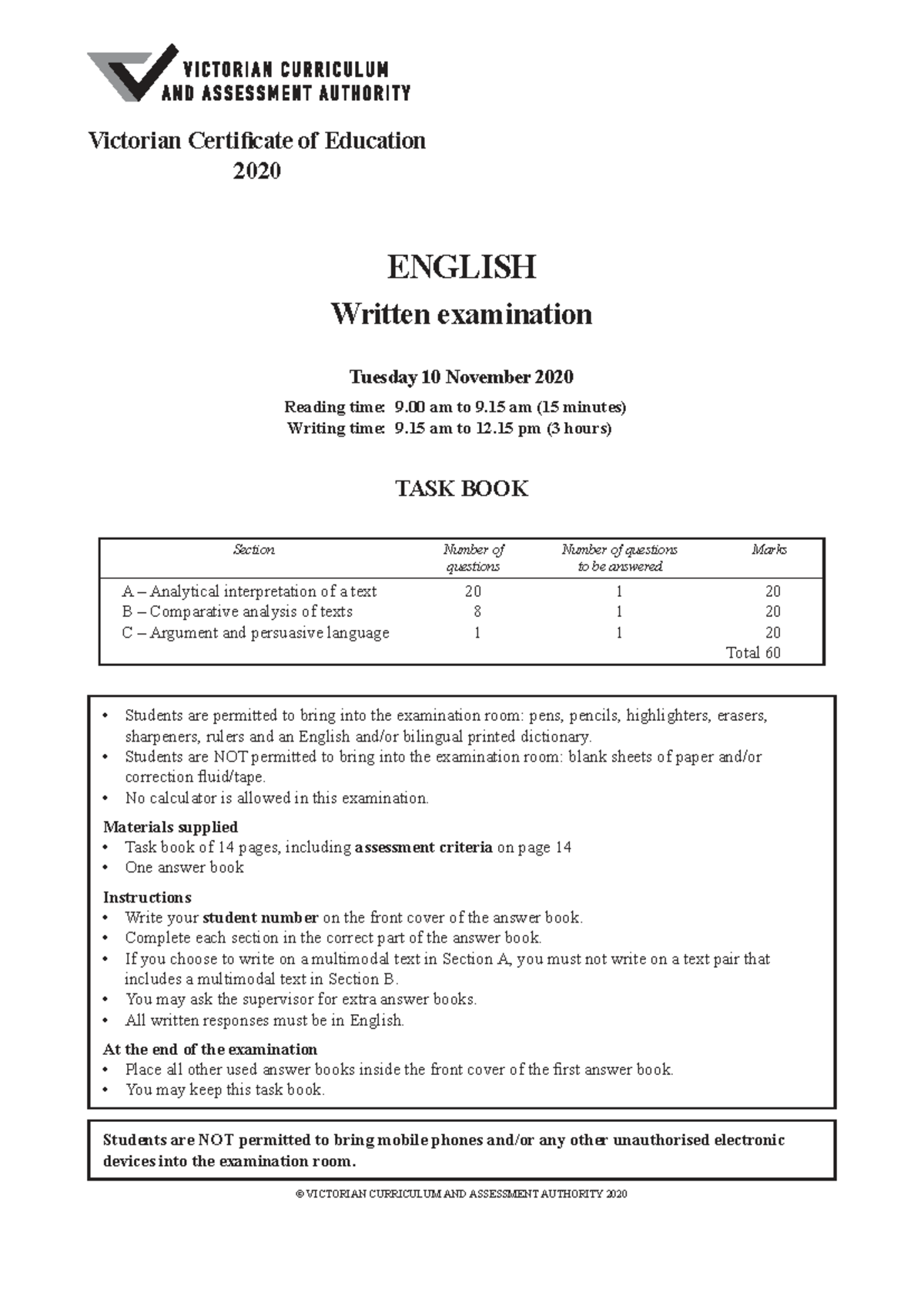 2020 VCE ENGLISH Written Exam: Task Book & Guidelines - Studocu