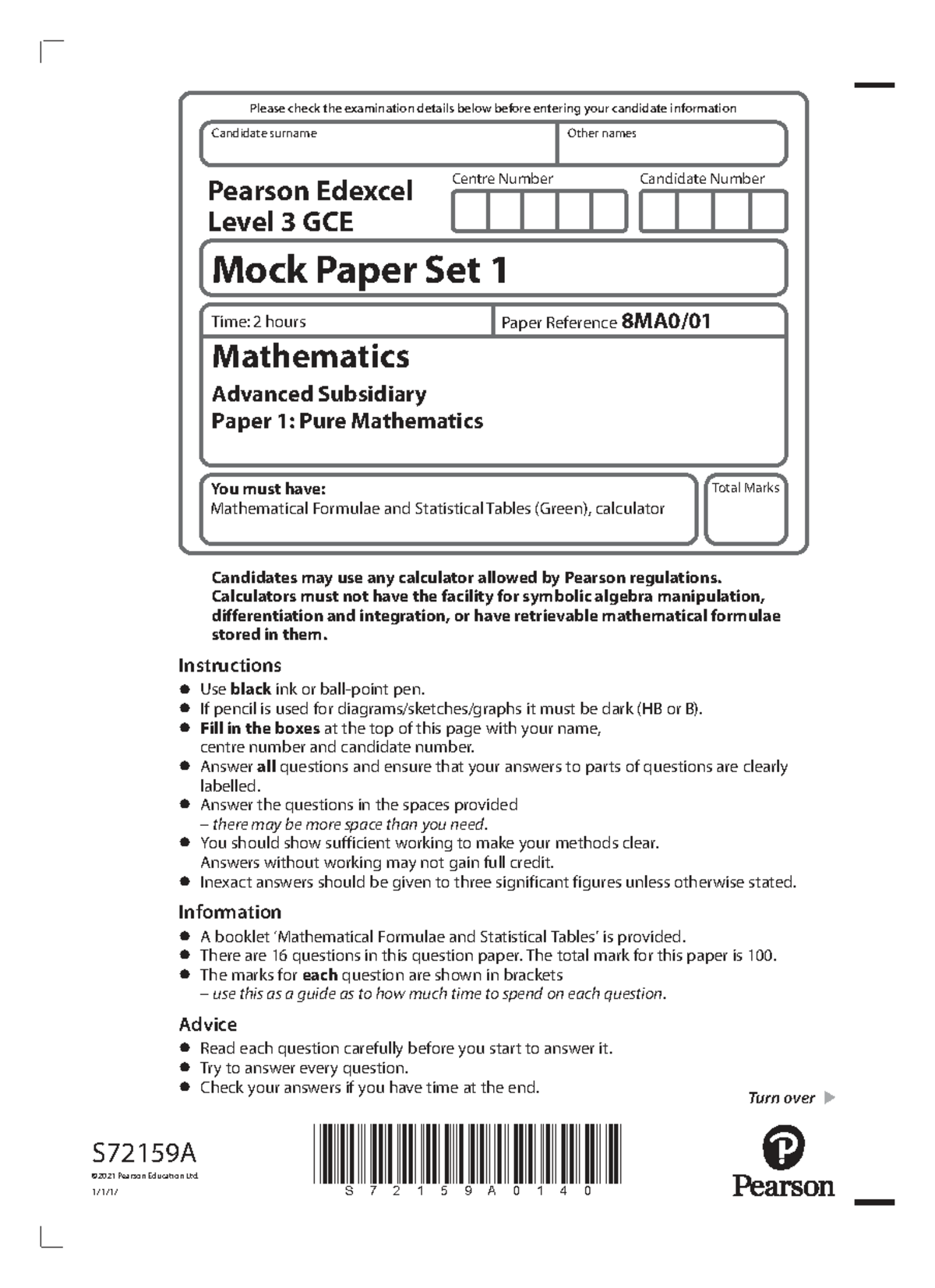 MOCK Paper 1 - Edexcel Level 3 GCE Mathematics Revision - Studocu