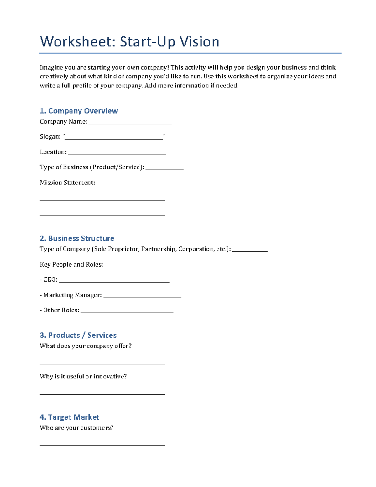 E5 - U1 - WS1: Business Vision Worksheet for Startup Planning - Studocu
