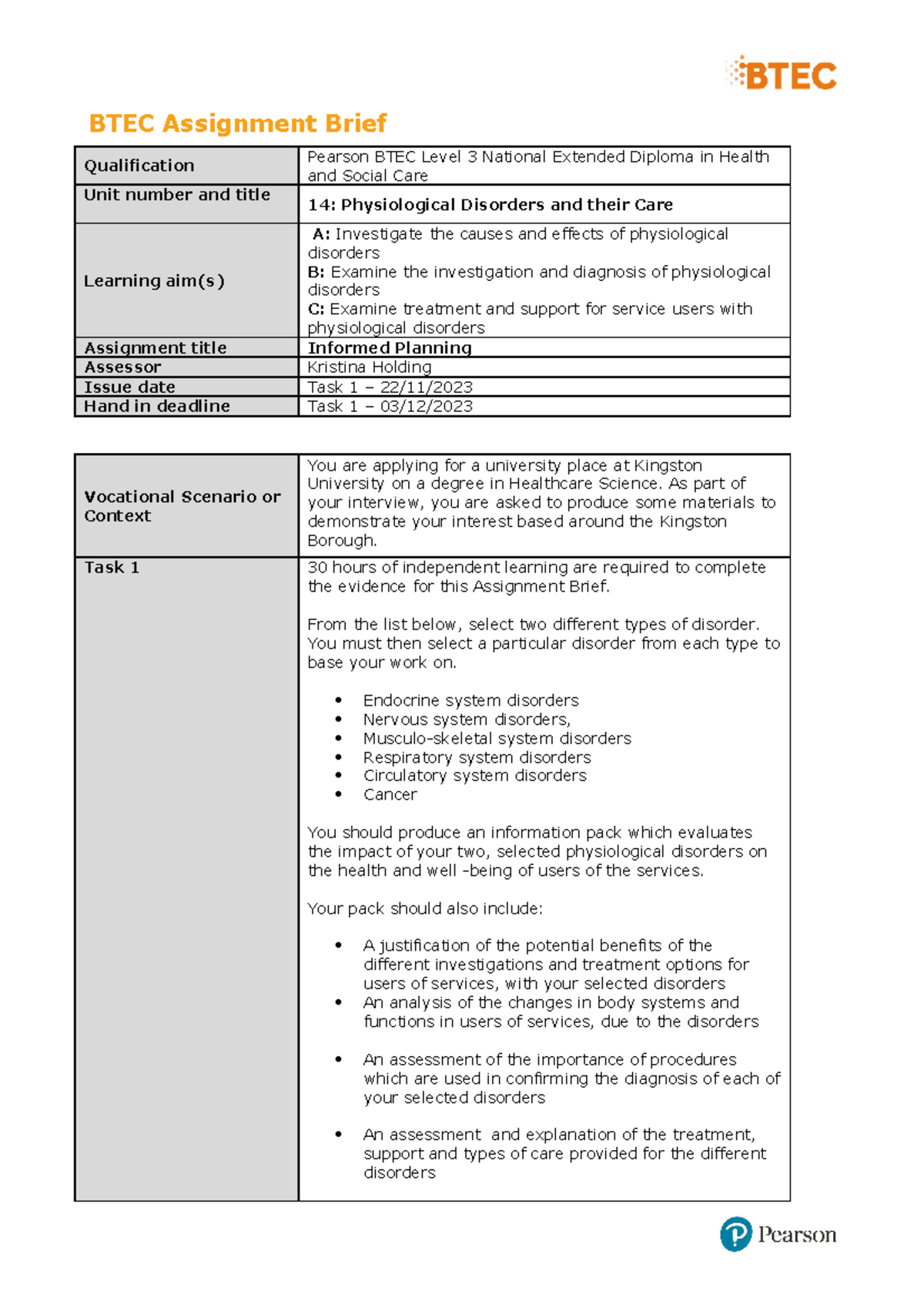 unit 14 assignment brief - BTEC Assignment Brief Qualification Pearson ...