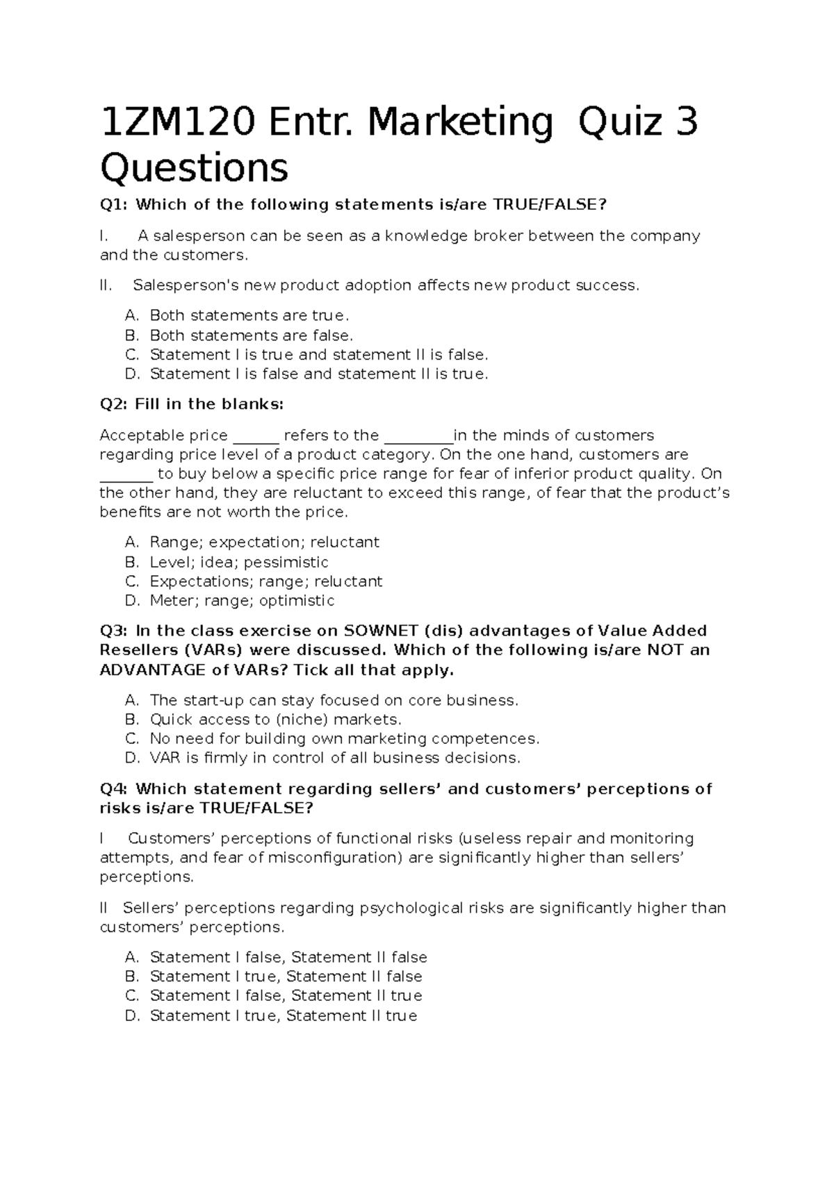 1ZM120 Entrepreneurial Marketing Quiz 3 Questions and Answers - Studeersnel