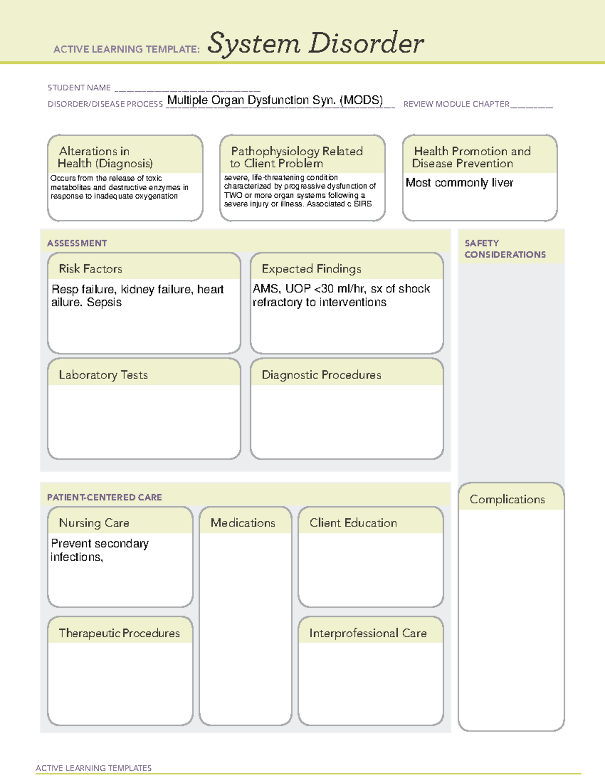 Active learning template: System disorder MODS - Sepsis review module ...