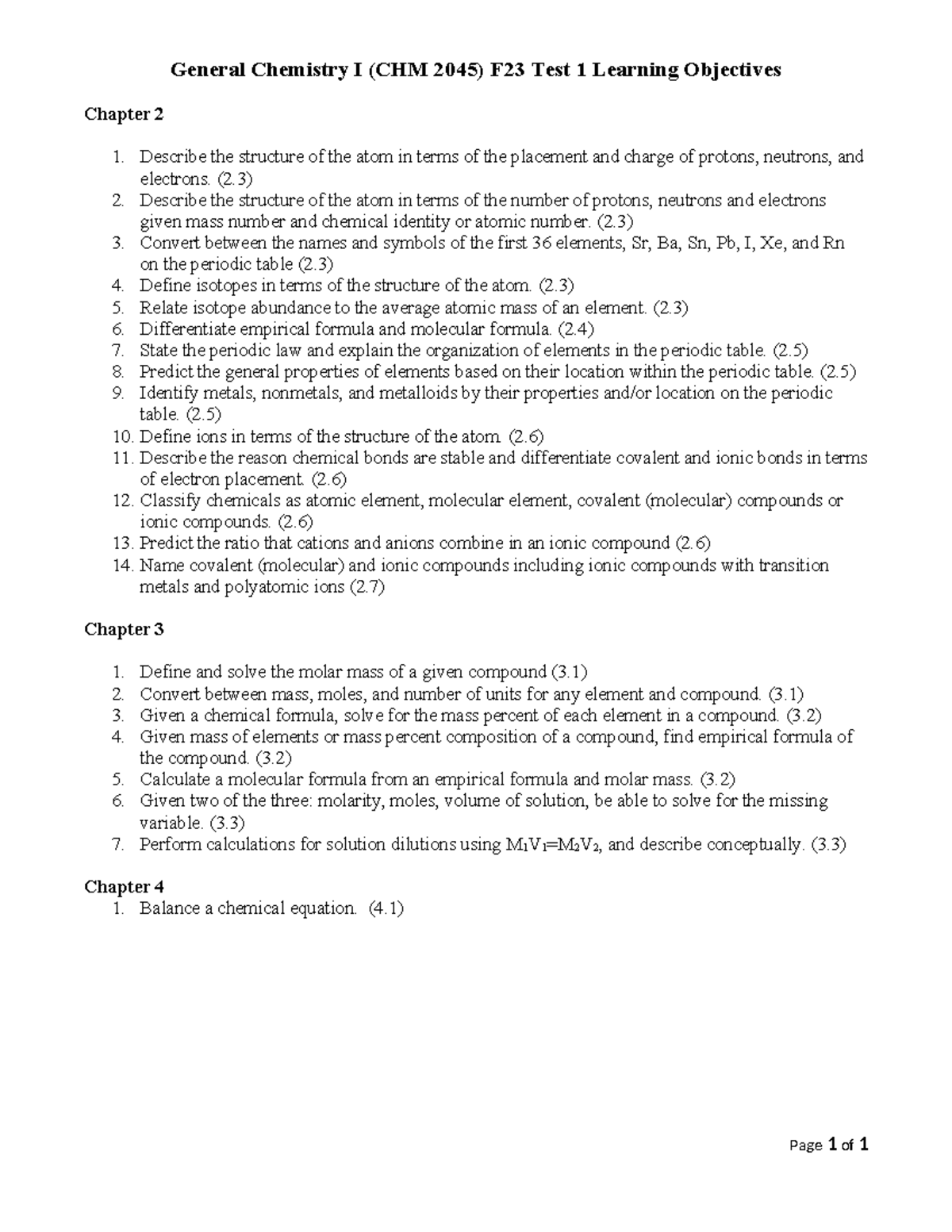 CHM 2045 F23 Learning Objectives Test 1 - General Chemistry I (CHM 2045 ...