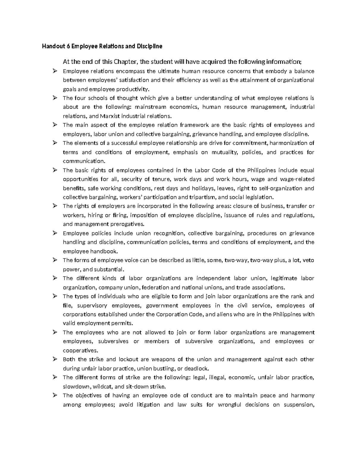 Handout 6: Employee Relations & Discipline Overview in HRM - Studocu