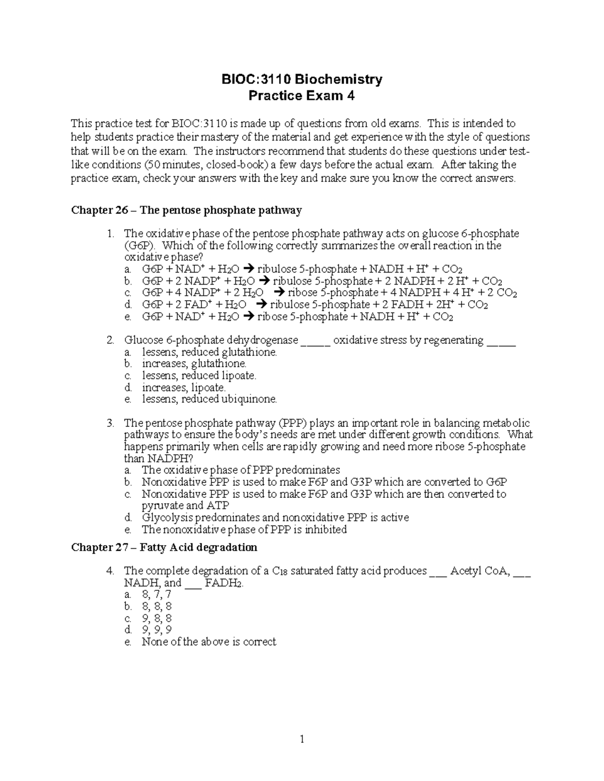 BIOC:3110 Biochemistry Practice Exam 4 Review and Questions - Studocu