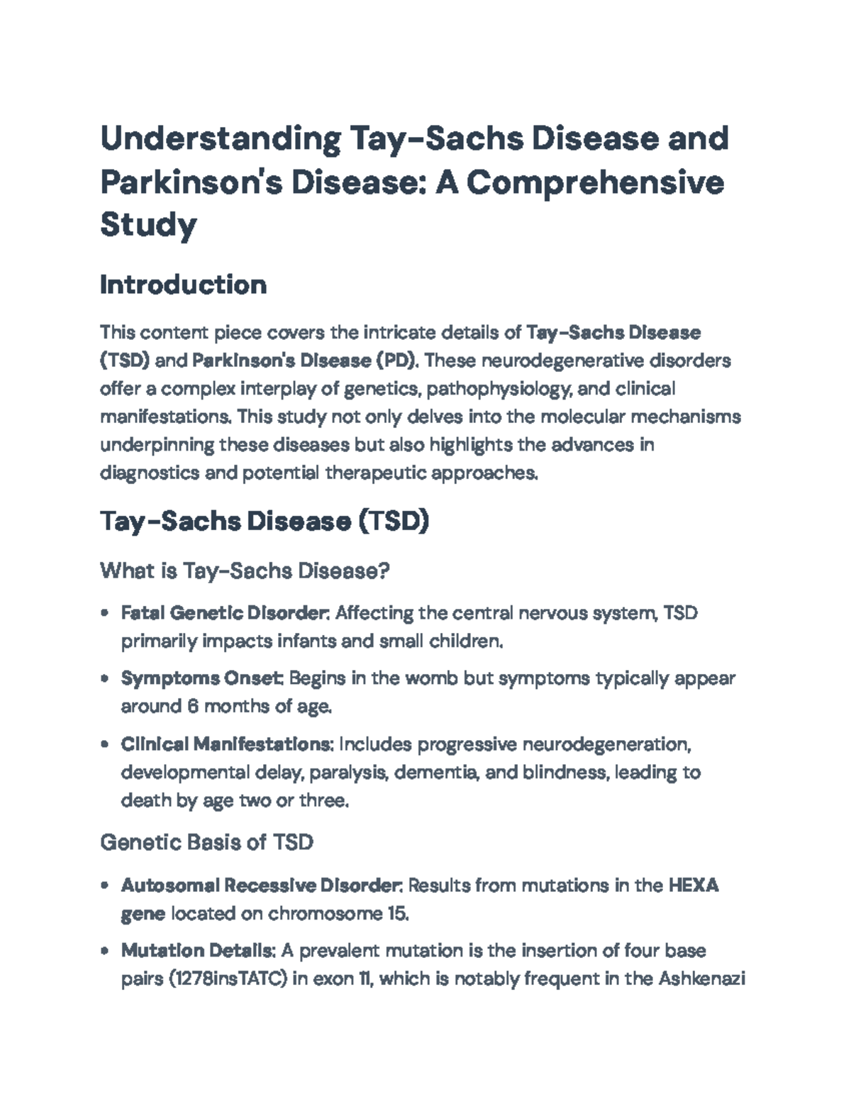 Understanding Tay-Sachs and Parkinson's Diseases: Genetics and ...