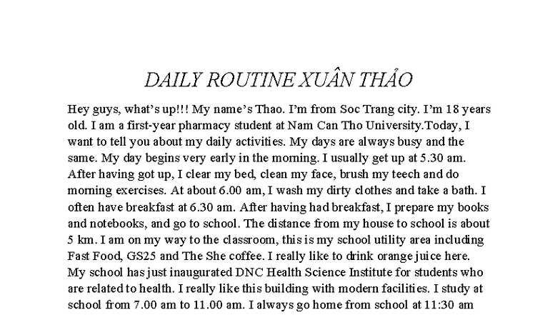 DAILY ROUTINE OF A PHARMACY STUDENT AT NAM CAN THO UNIVERSITY - Studocu