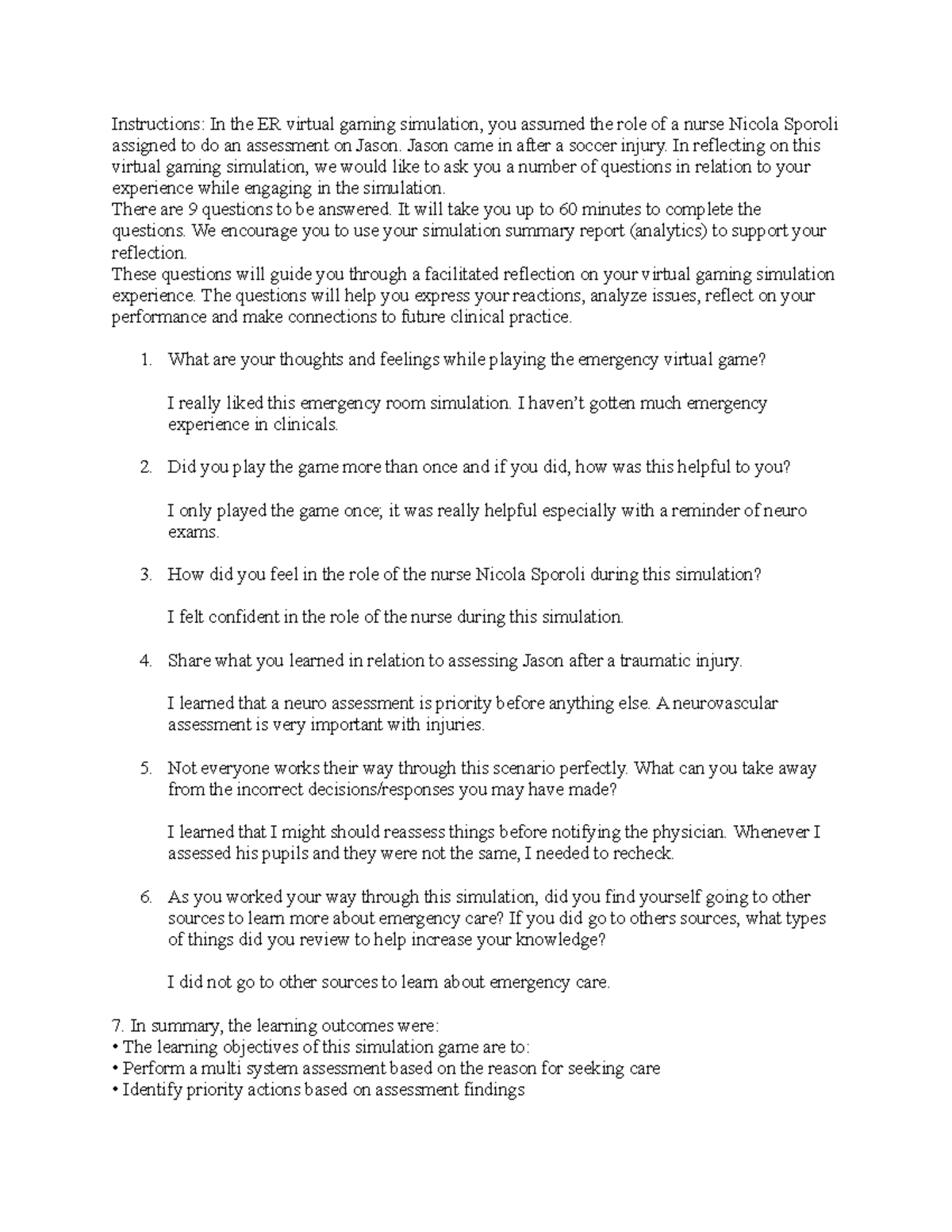 ER Simulation Reflection for Nursing Role: Insights and Learning - Studocu