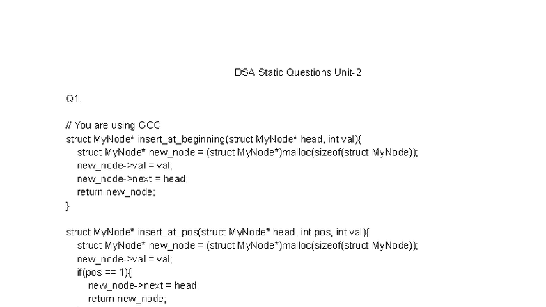 DSA Unit-2: Static Questions on Linked List Operations - Studocu