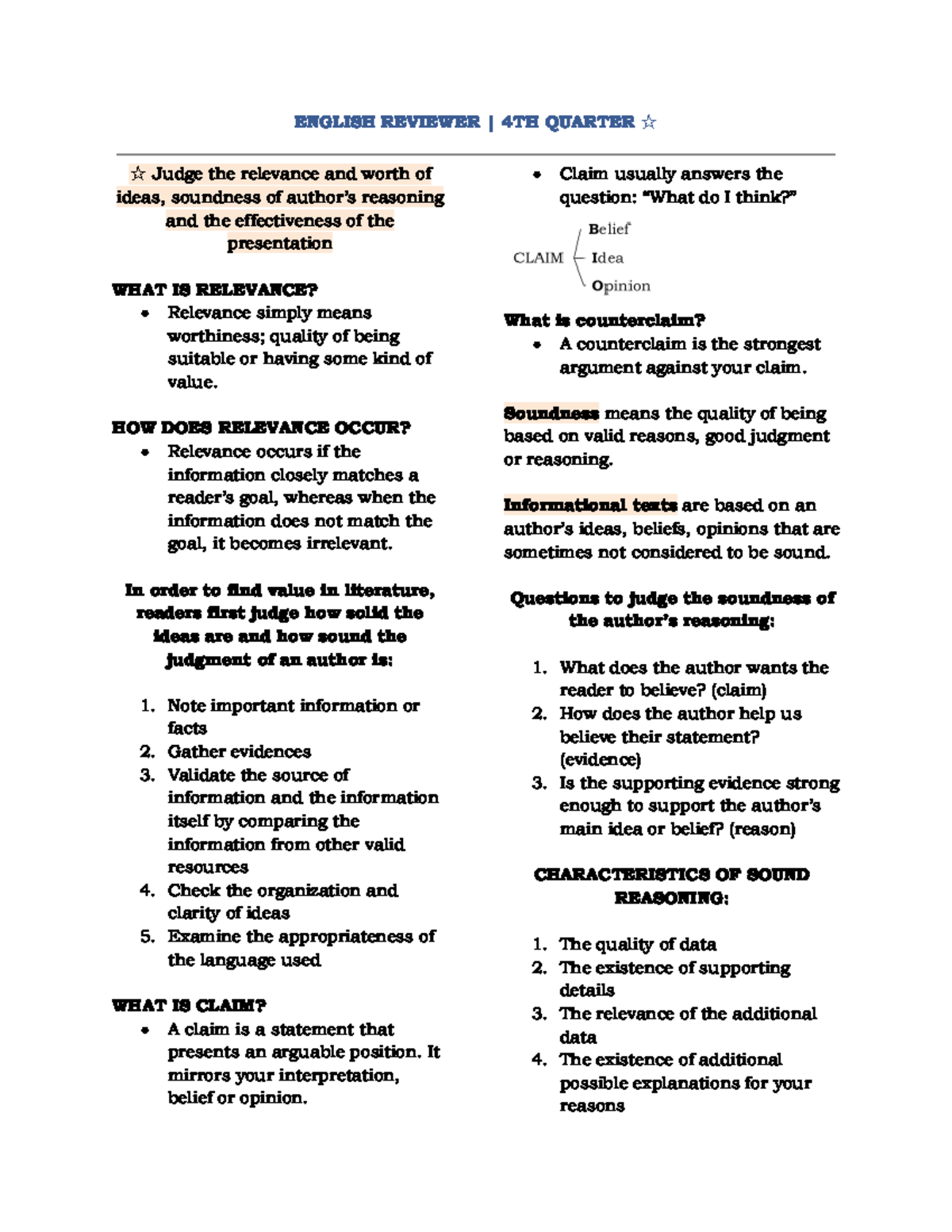 English 4TH Quarter Reviewer: Evaluating Relevance and Soundness in ...