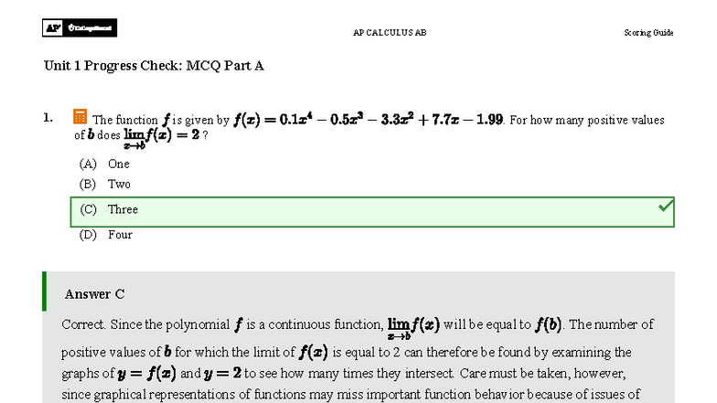 AP CALCULUS AB Unit 1 Progress Check: MCQ Part A Scoring Guide - Studocu