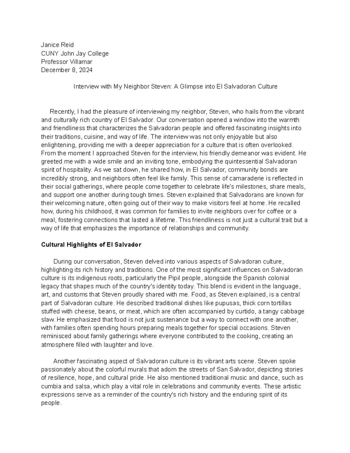 SPA Culture - Janice Reid CUNY John Jay College Professor Villamar ...