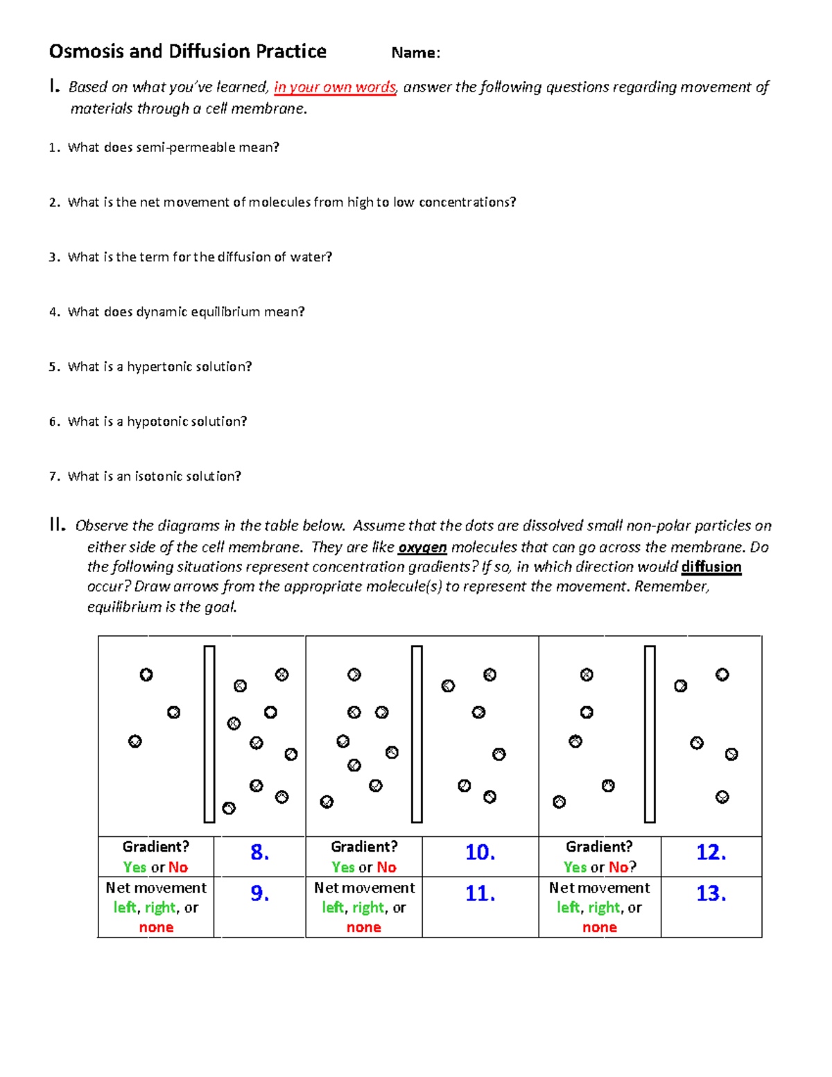 Cell Transport Practice Activity: Osmosis & Diffusion Questions - Studocu