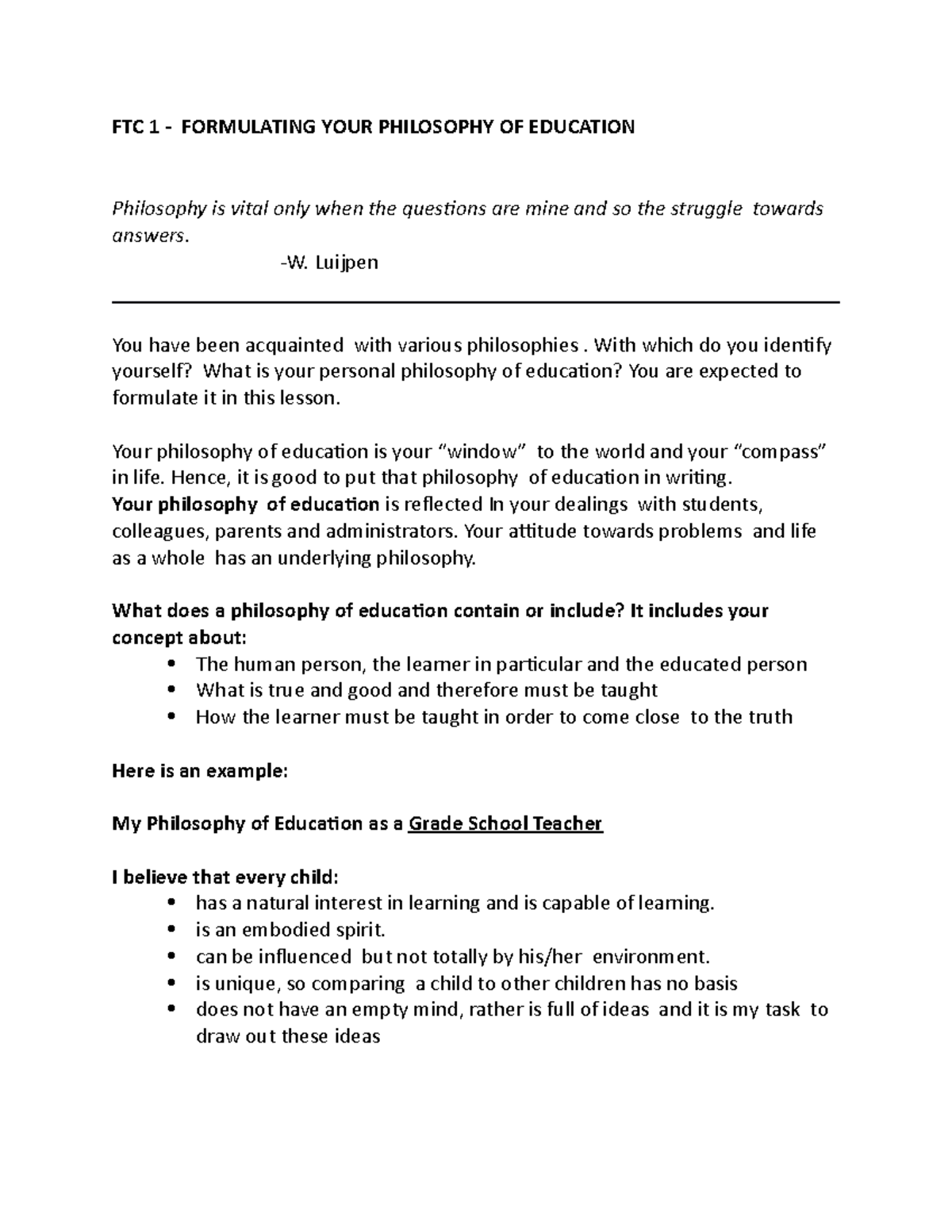 FTC 1- Formulating Your Philosophy of Education - FTC 1 - FORMULATING ...