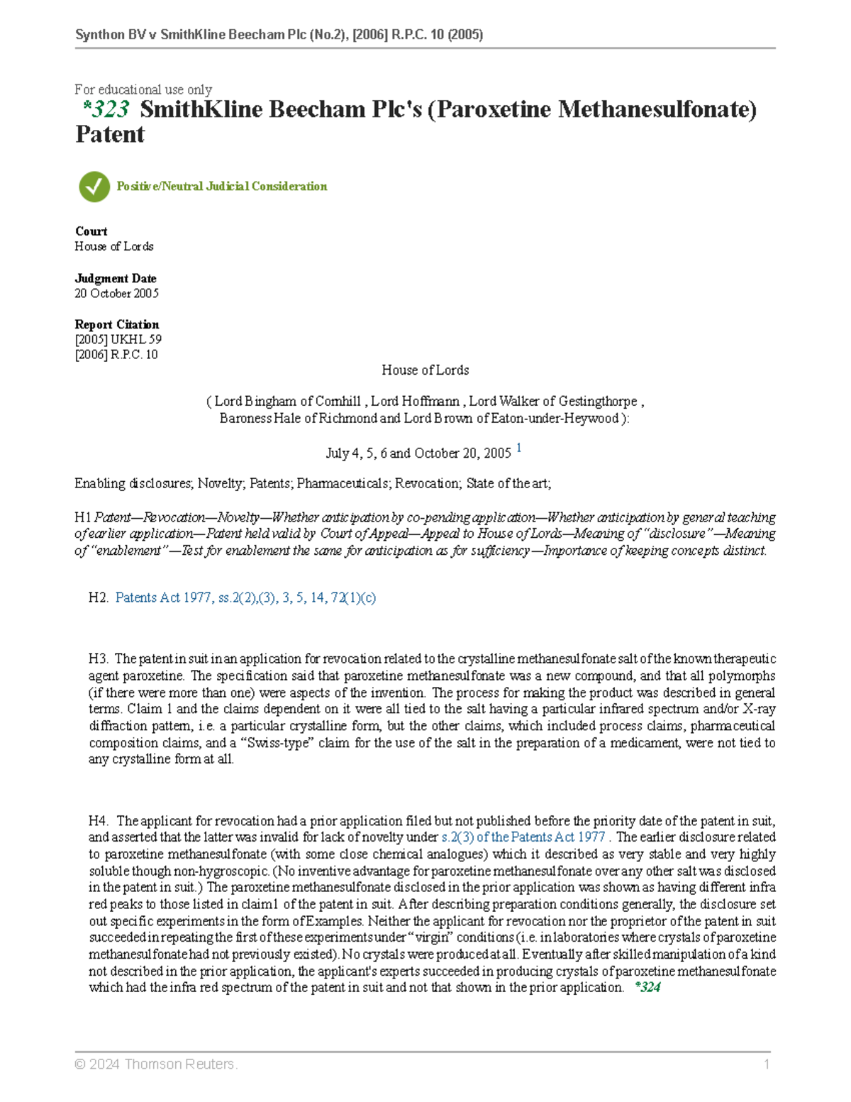 Synthon BV v SmithKline Beecham Plc (No. 2): Patent Enablement and ...
