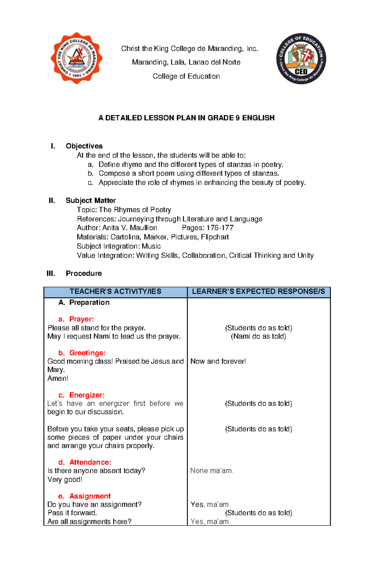 English 28 Detailed Lesson Plan on Rhyme Scheme for Grade 9 - Studocu