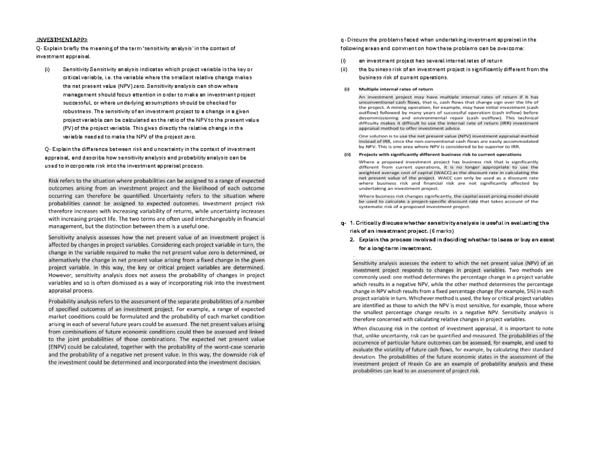 Investment Appraisal: Sensitivity Analysis & Risk Management (FIN 301 ...