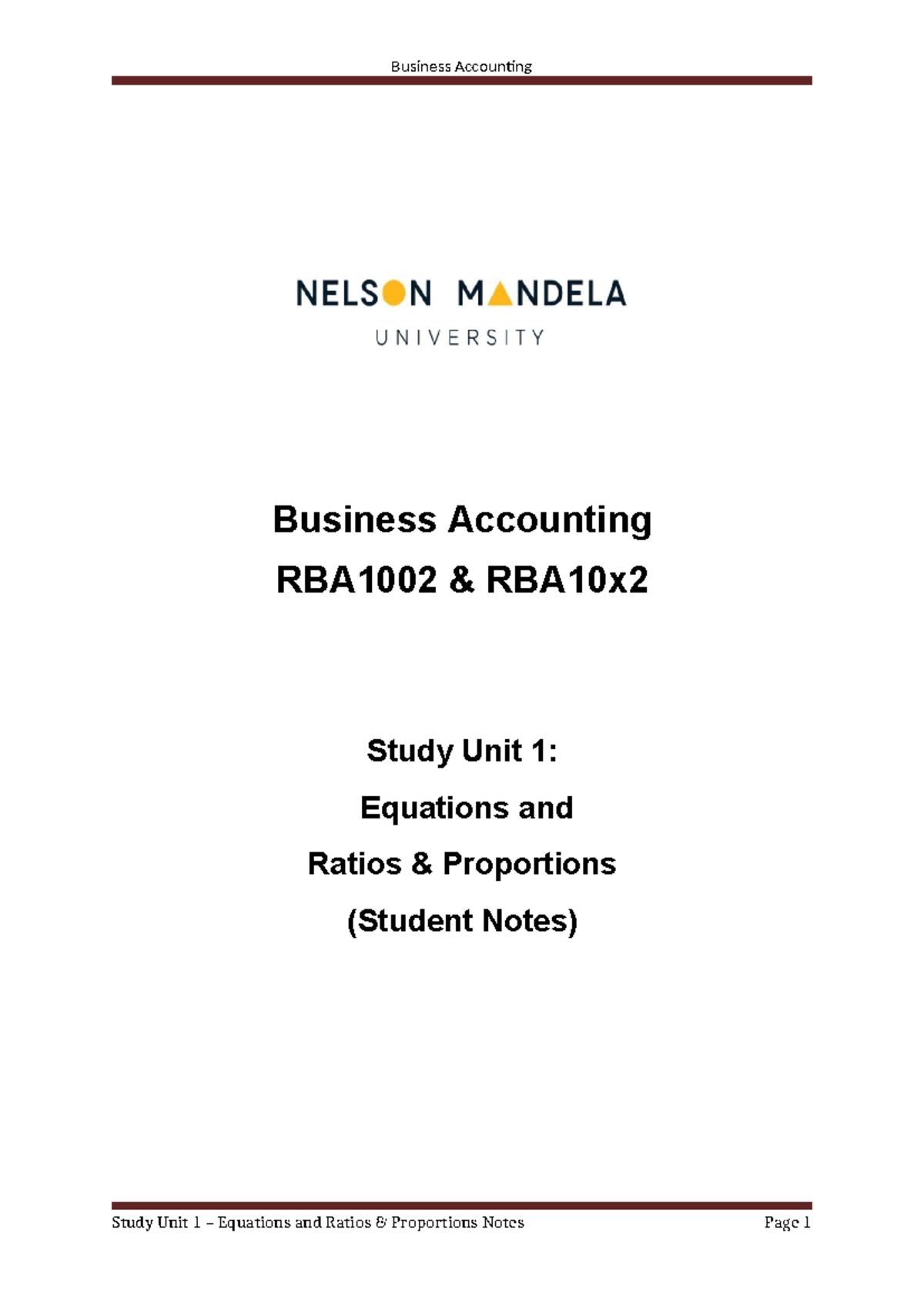 RBA1002 Business Accounting Study Unit 1: Equations & Ratios Notes ...