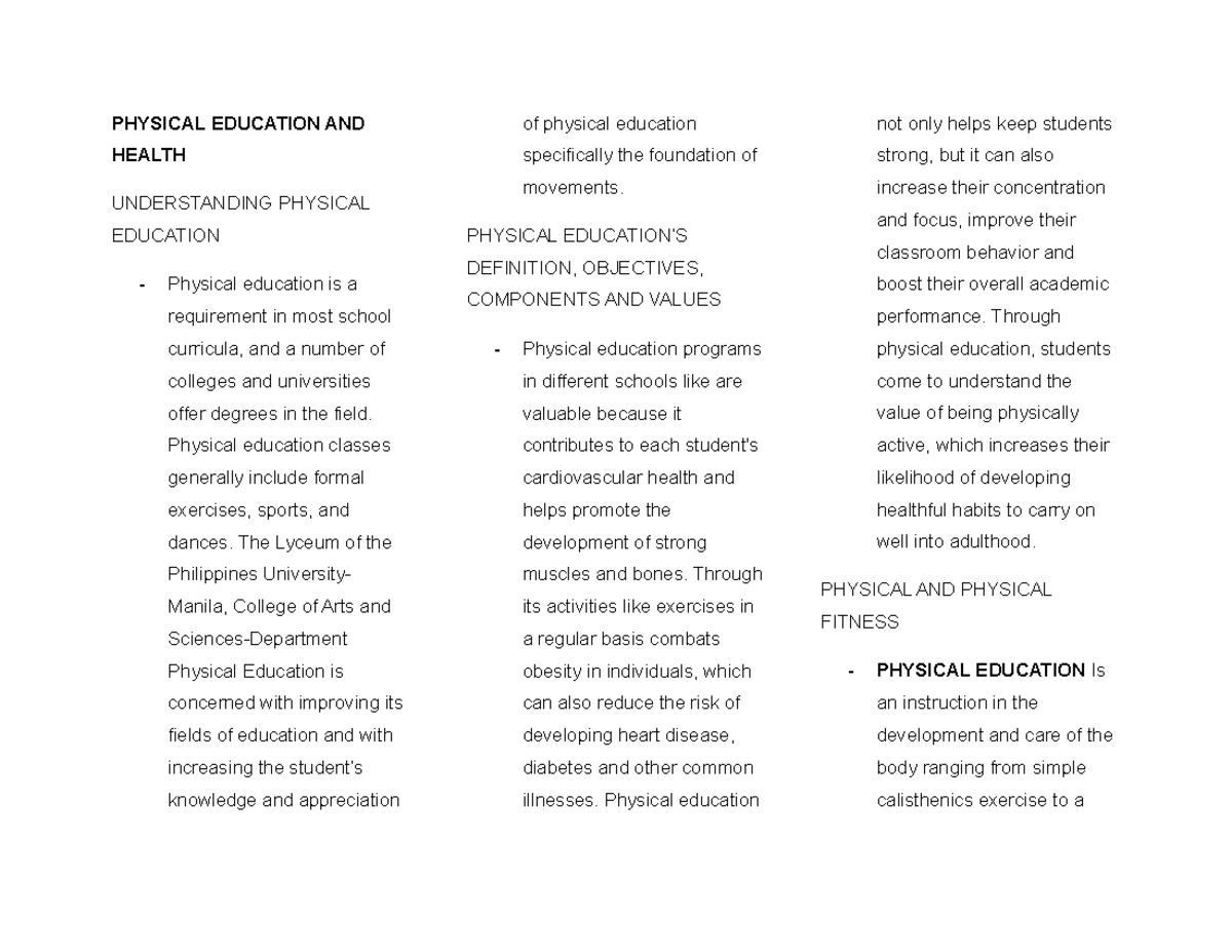 PE&H 1 - Lecture notes 1 - PHYSICAL EDUCATION AND HEALTH UNDERSTANDING ...