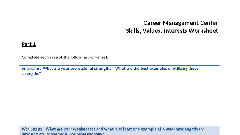 CMC Skills, Interests, and Values Matching Worksheet - Studocu