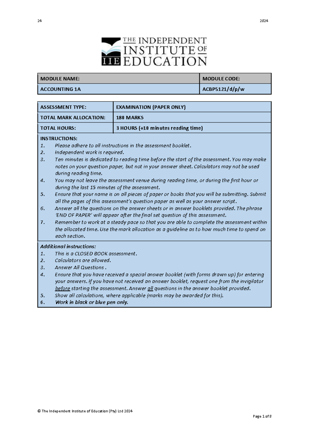 2024 ACC 1A Final Exam Guidelines and Question Paper - Studocu