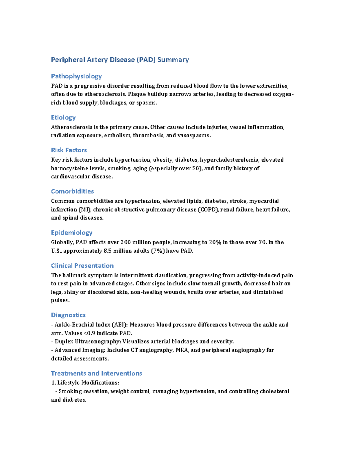 PAD Summary - Peripheral Artery Disease (PAD) Summary Pathophysiology ...