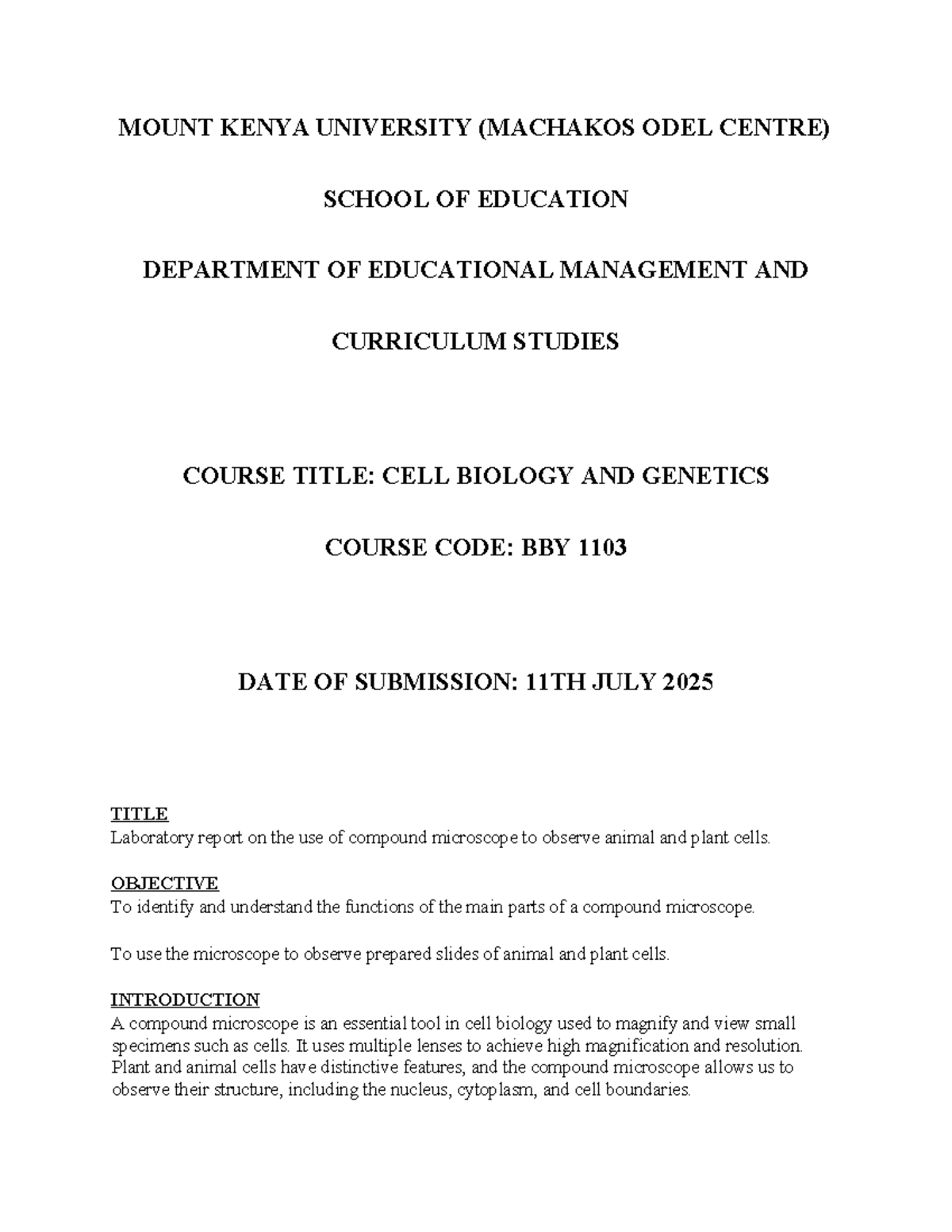 BIO 1103 - Lab Report on Observing Animal & Plant Cells Using ...