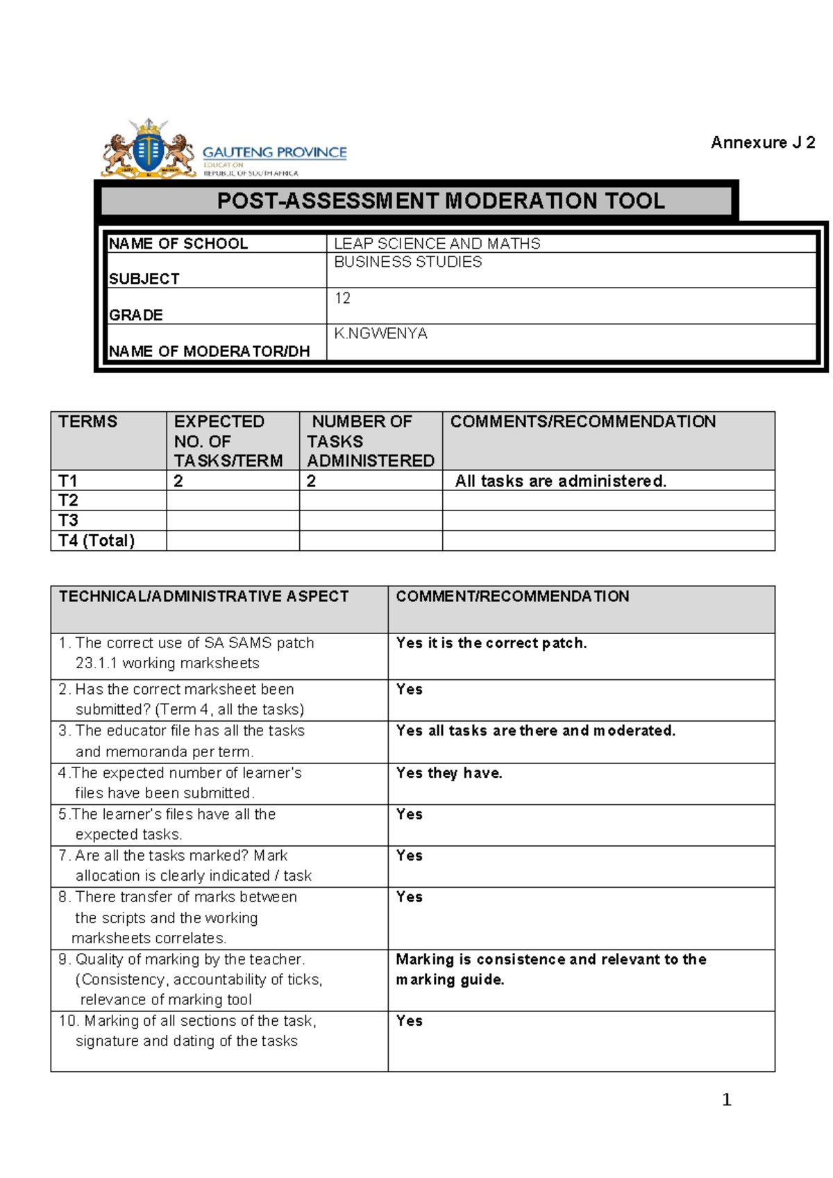 Amended J2 - Moderation Tool for Business Studies Grade 12 Tasks - Studocu