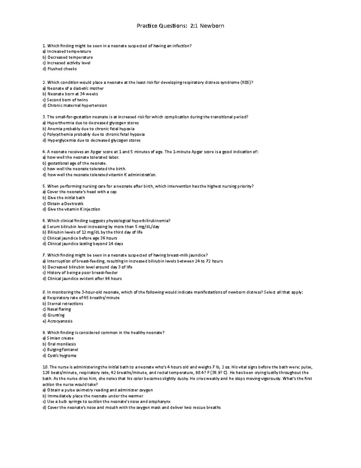 2-1 Newborn Practice Questions: Key Concepts and Clinical Scenarios ...