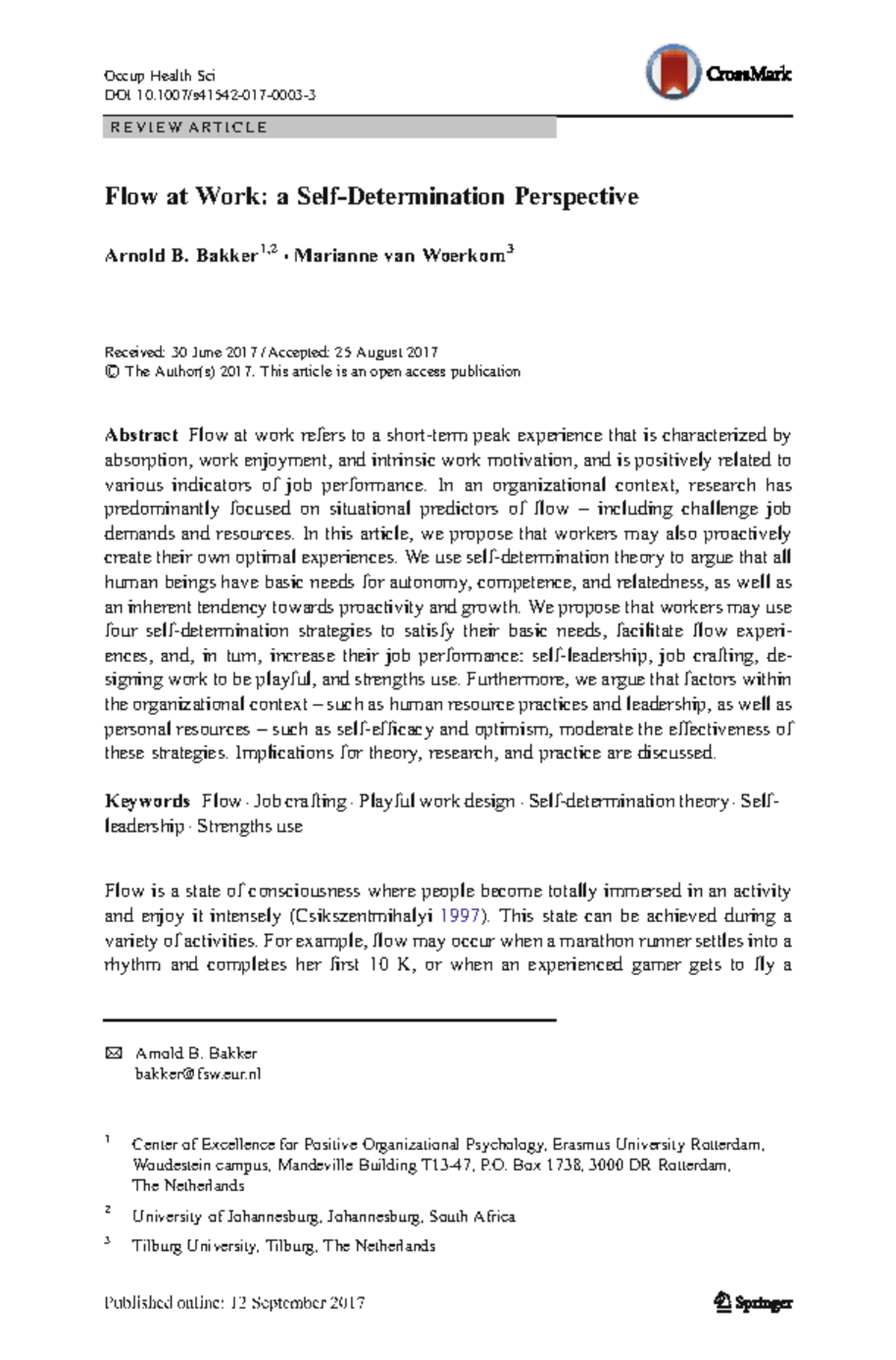 Flow at Work a Self-Determination Perspective - R E V I E W A RT I C L E Open Access Flow at ...