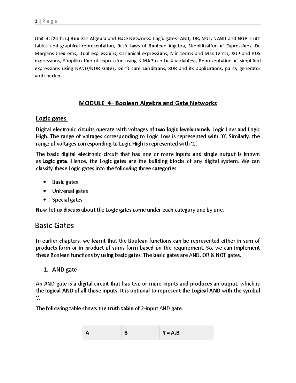 Module 4 Notes: Boolean Algebra and Logic Gate Networks Basics - Studocu