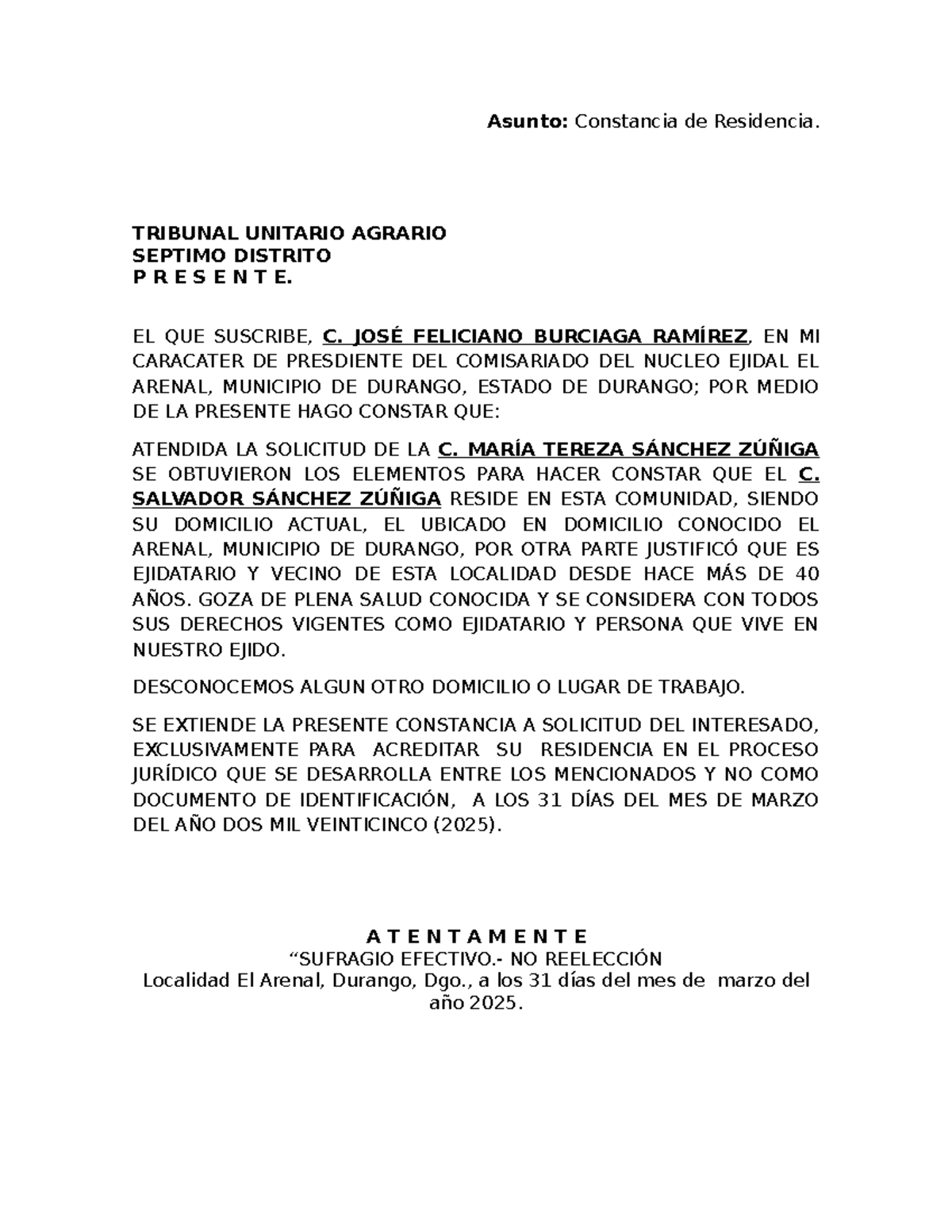 Constancia de Residencia Ejido - El Arenal, Durango, 2025 - Studocu