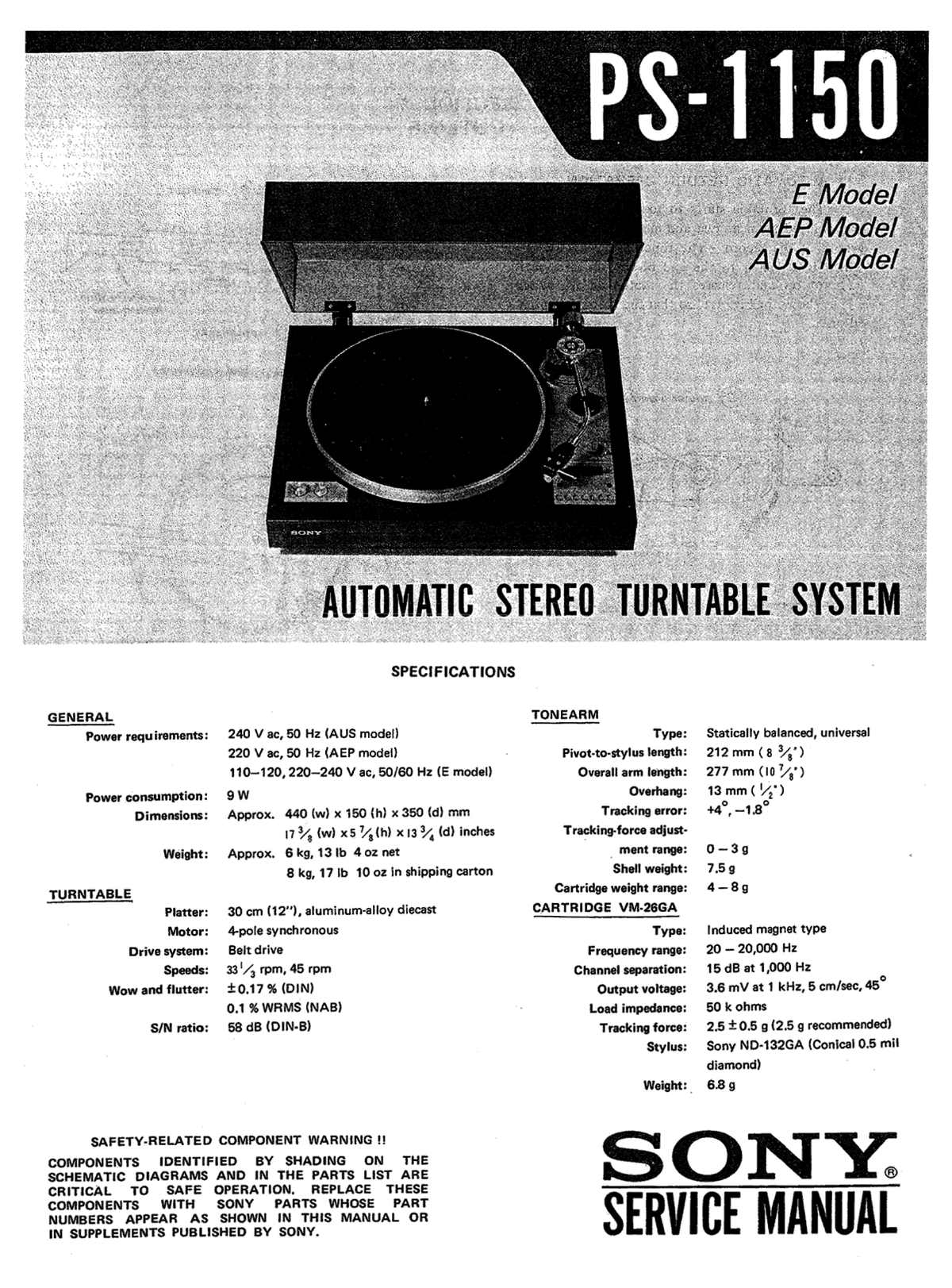 Sony ps-1150 turntable - L AEP Model AUS Model AUTOMATIC STEREO ...