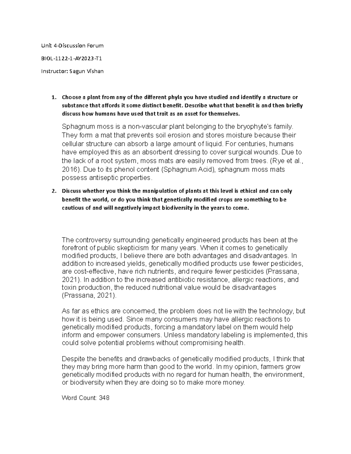 Unit 4A-Discussion Forum - Unit 4-Discussion Forum BIOL-1122-1-AY2023-T ...