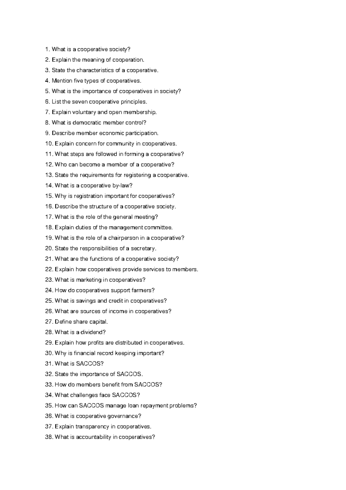 Study Questions on Cooperatives - CDM 011 - Studocu