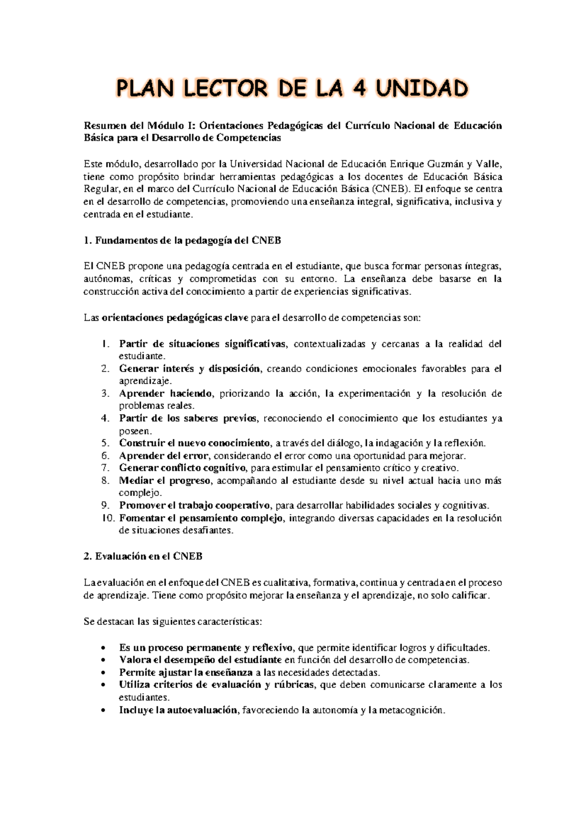 PLAN LECTOR 4 UNIDAD: Orientaciones Pedagógicas del CNEB - Studocu