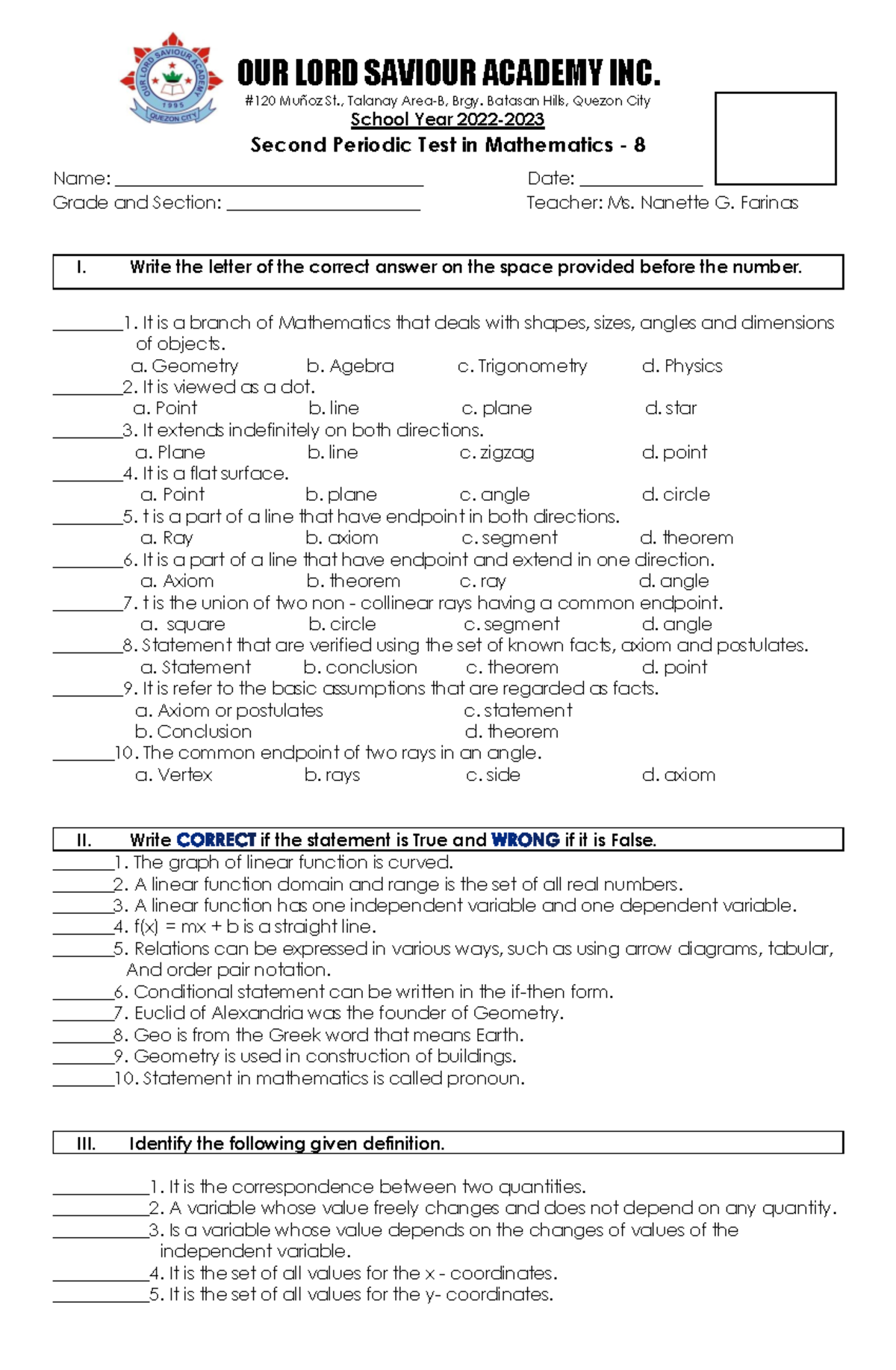 Second Periodical Test in Math 8 - School Year 2022-2023 - Studocu