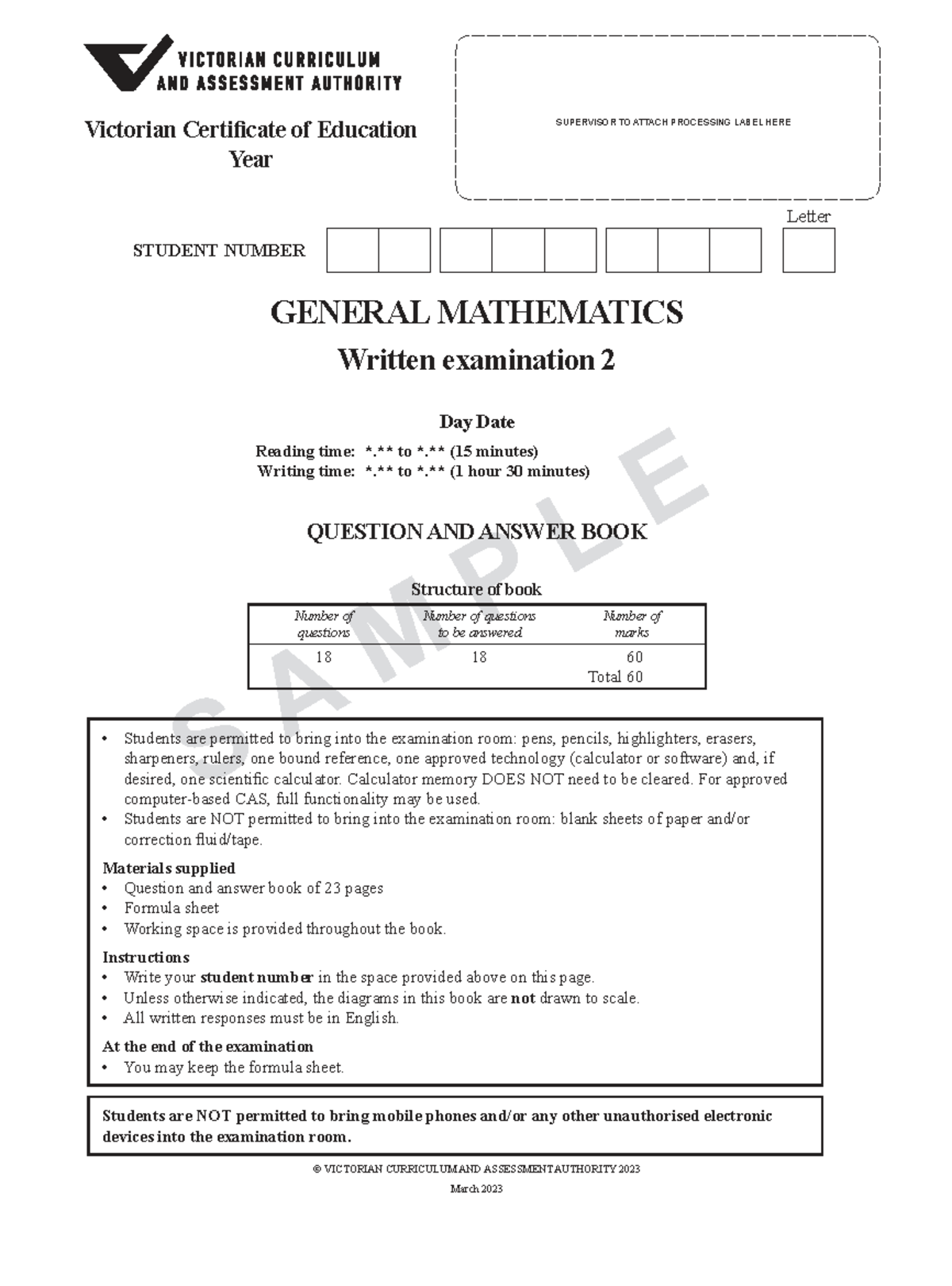 VCE General Mathematics 2 - Sample Exam Paper - Studocu