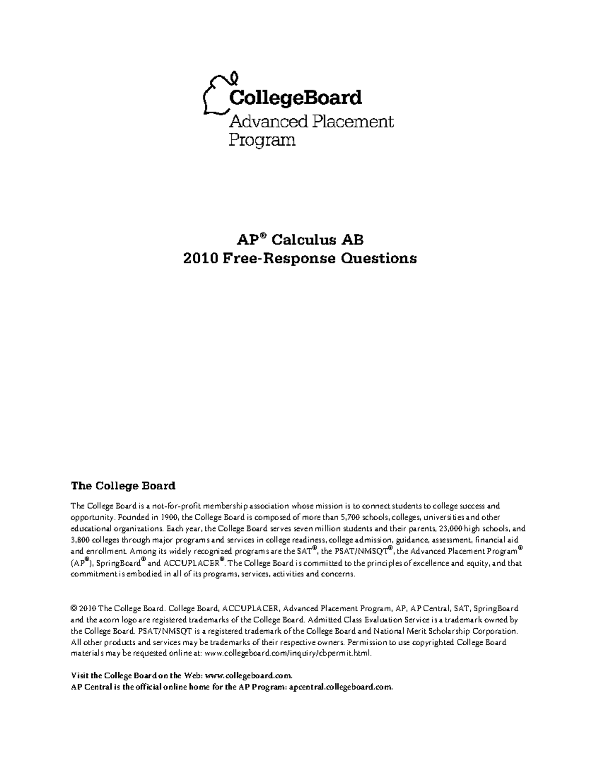 Ap10 frq calculus ab - practice problems - AP ® Calculus AB 2010 Free ...