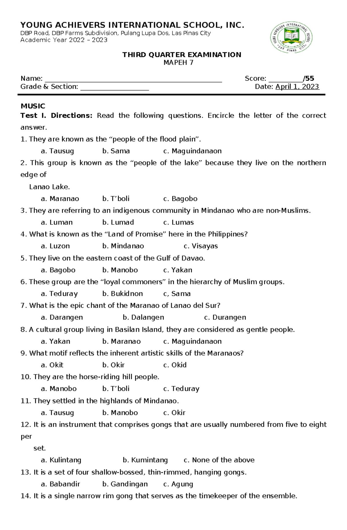 Grade 7 MAPEH 3rd Quarter Exam - Practice Test Drills - Studocu