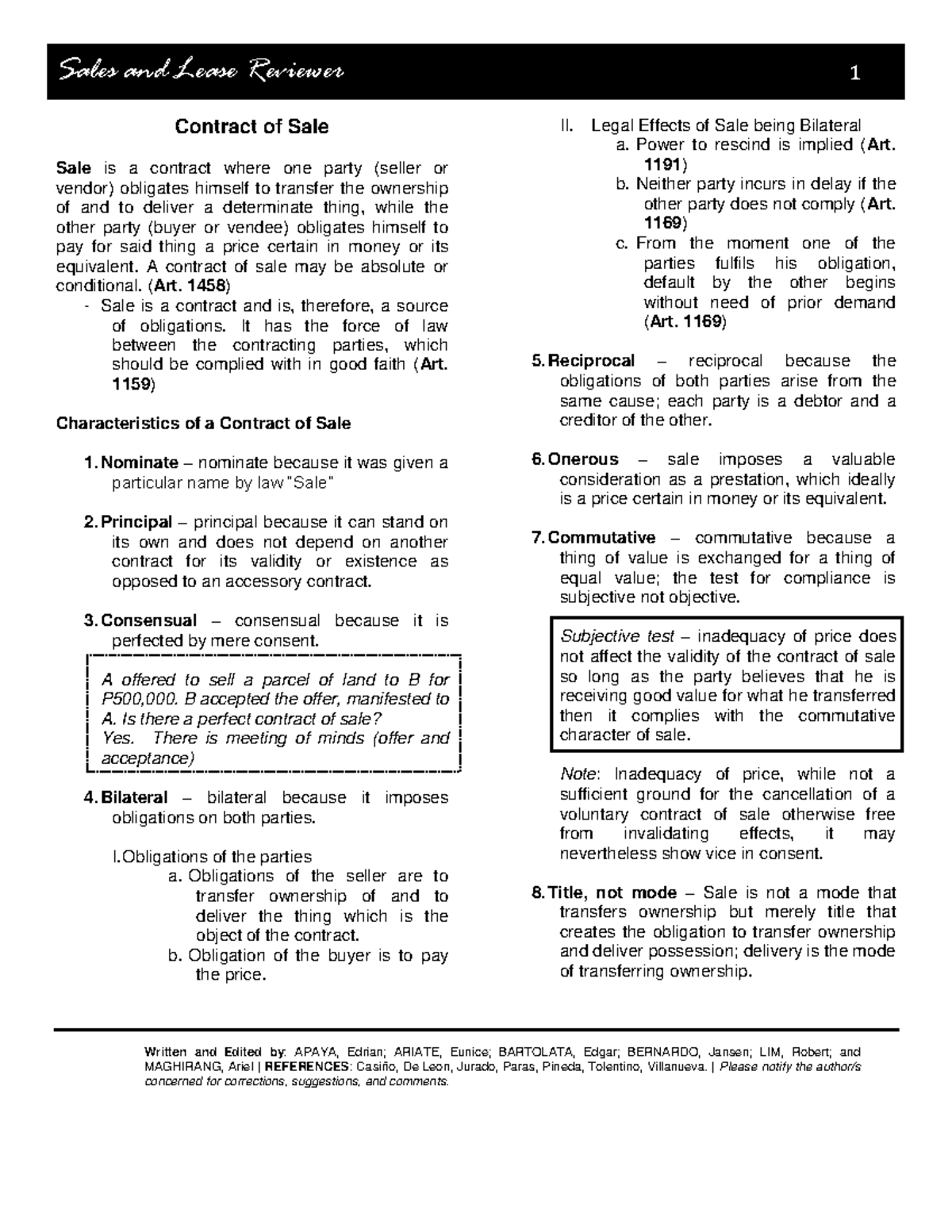 Sales and lease midterm reviewer - Written and Edited by: APAYA, Edrian ...