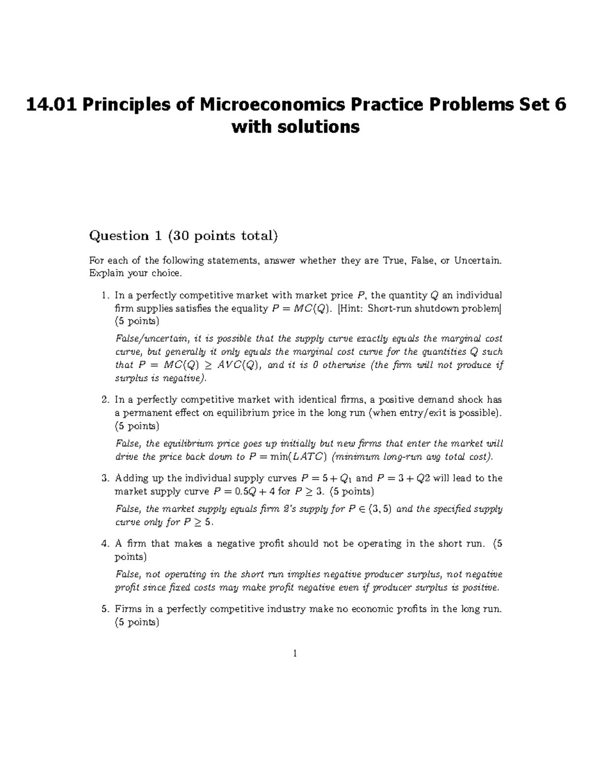 14.01 Principles of Microeconomics Practice Problems Set 6 with solutions - 14 Principles of ...