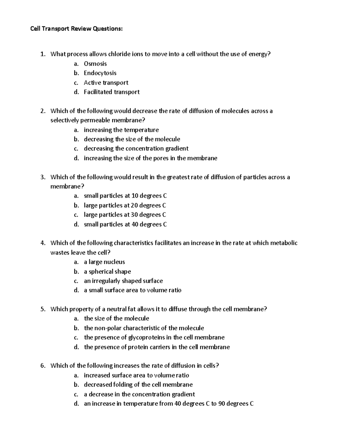 Cell Transport Review Questions - 12 Study Guide - Studocu