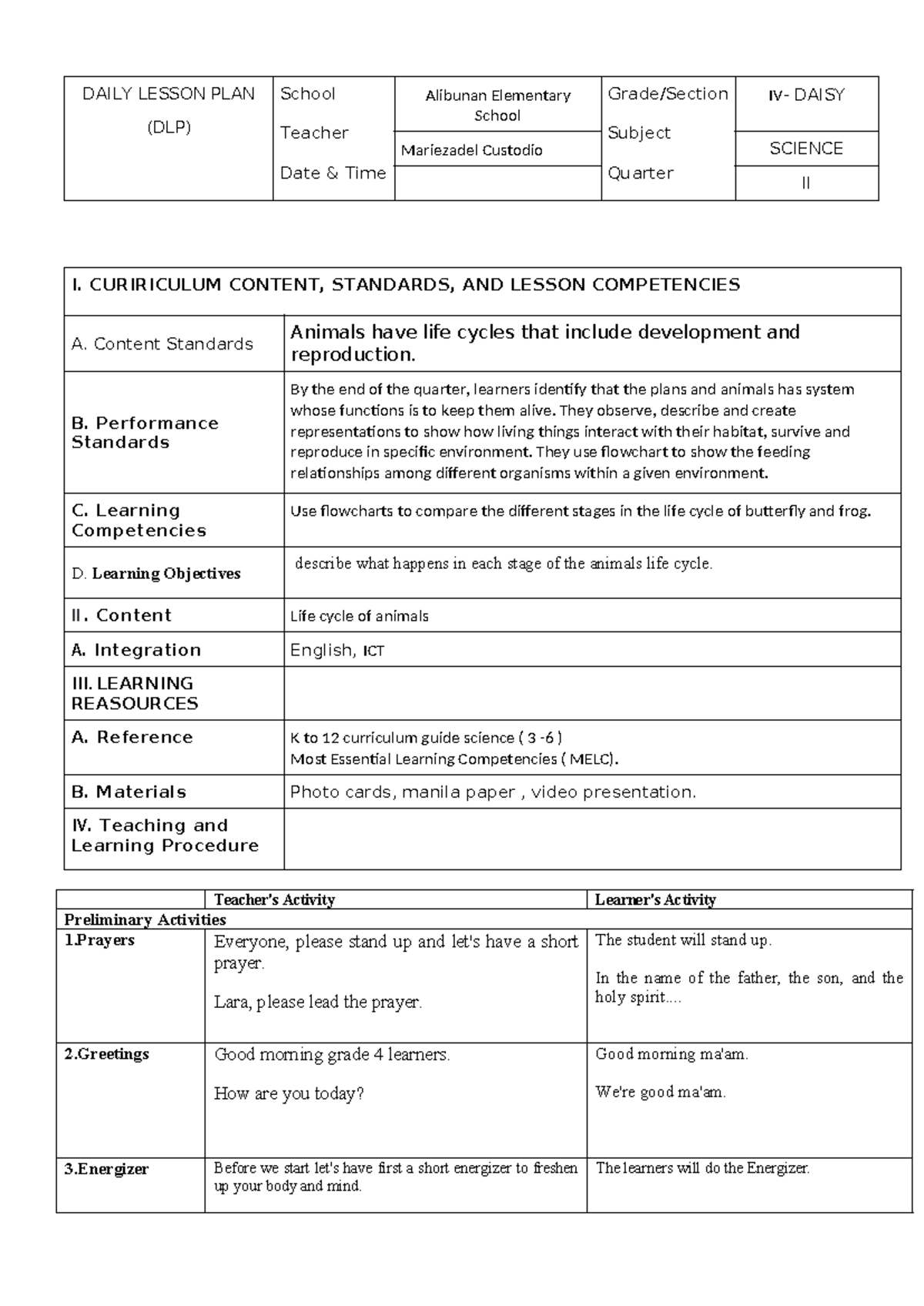 DAILY LESSON PLAN: Life Cycle of Animals (Grade 4 Science) - Studocu
