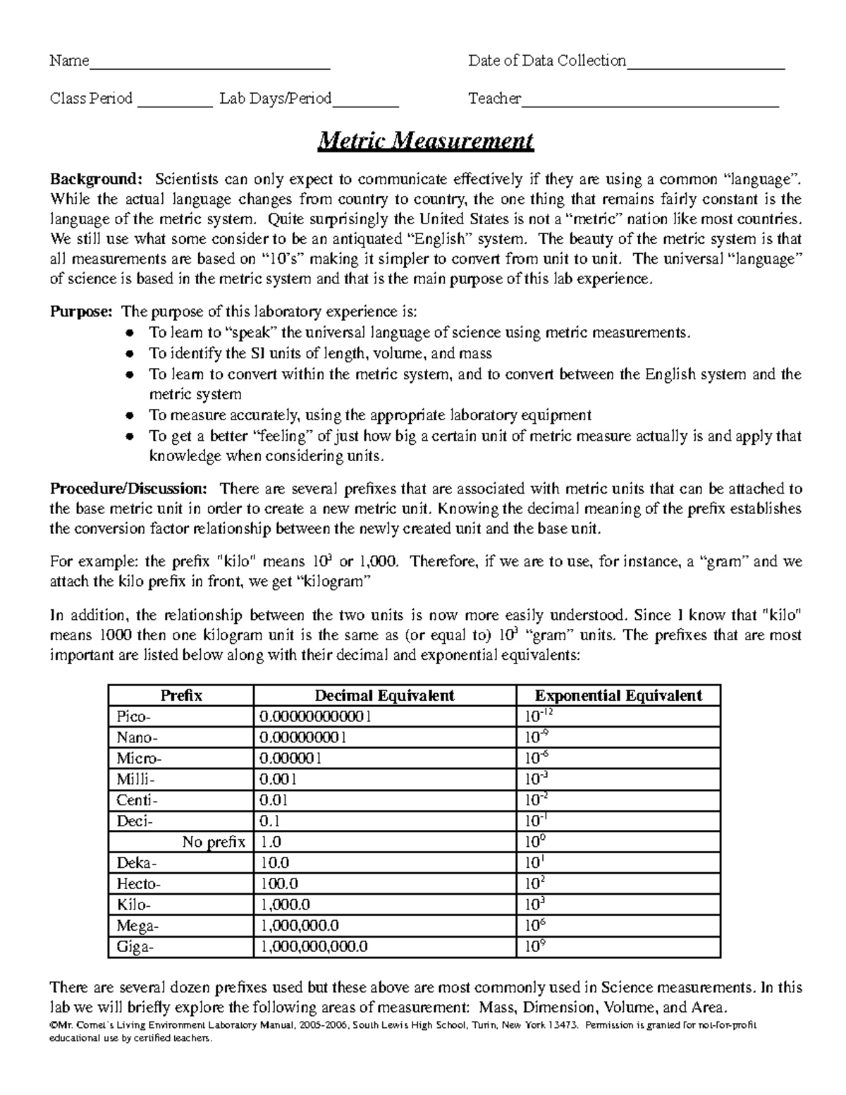 Measurement- Expt 1 [group 2] - Class Period _________ Lab Days/Period ...
